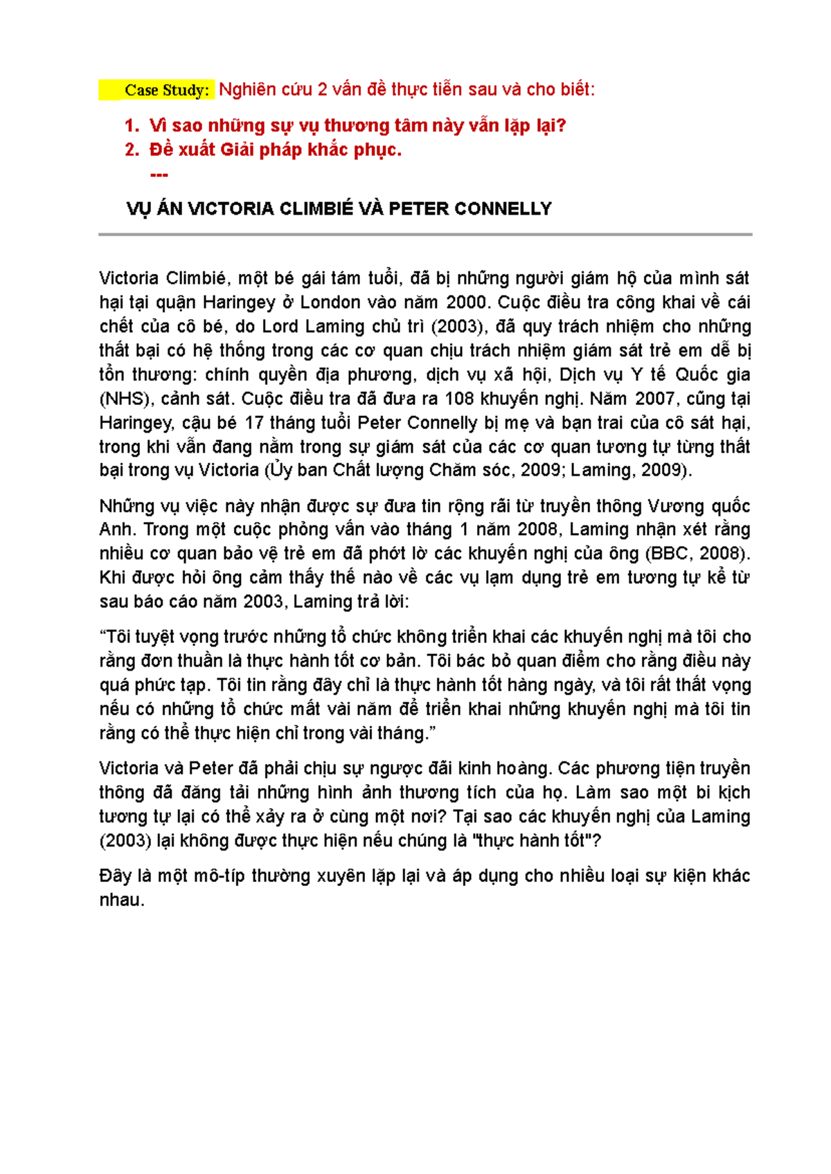 Case Study: Lặp lại Thảm kịch Victoria Climbié và Peter Connelly - Studocu