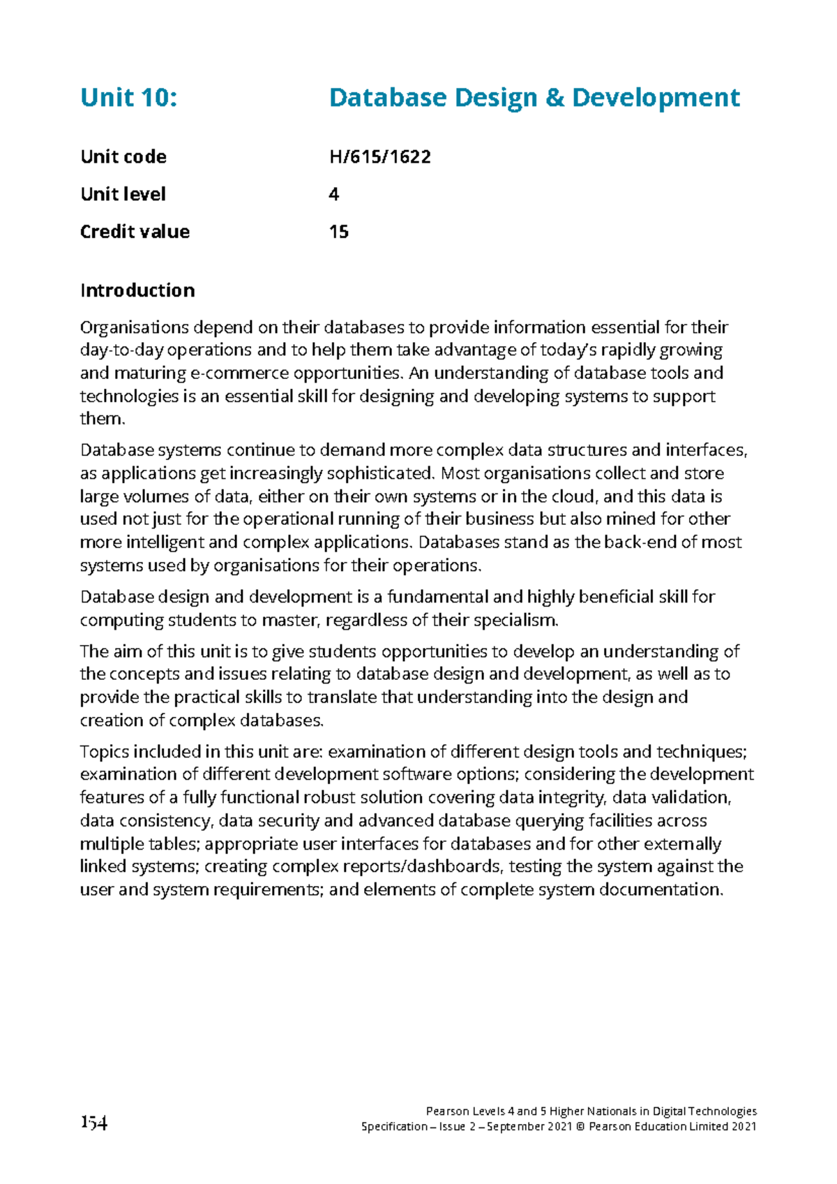 Unit 10: Database Design & Development (Level 4, 15 Credits) - Studocu