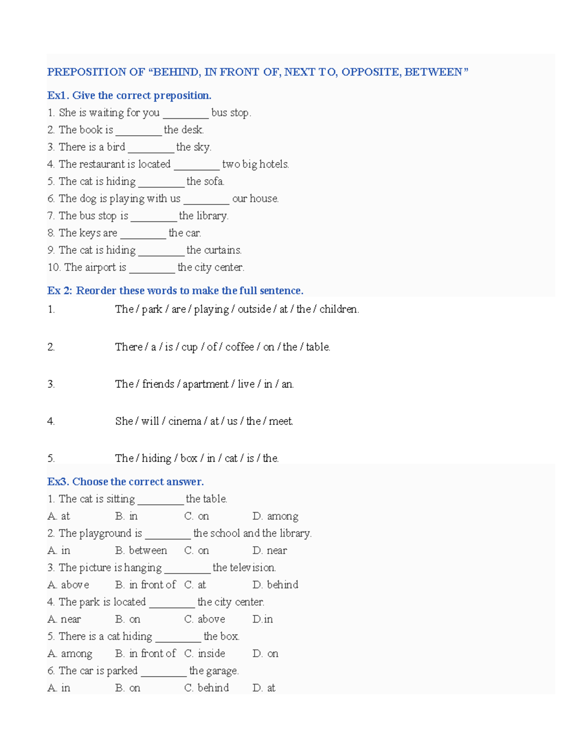 Preposition Exercises on "Behind, Next To, Between" - Studocu