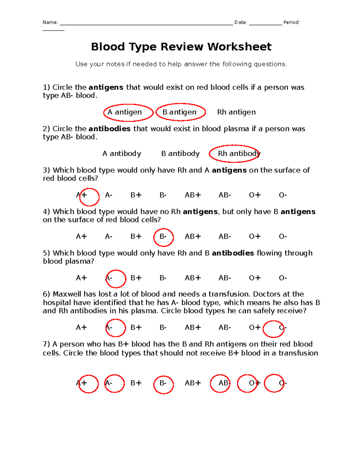 AB- Blood Type Review Worksheet Key for Study Aid - Studocu