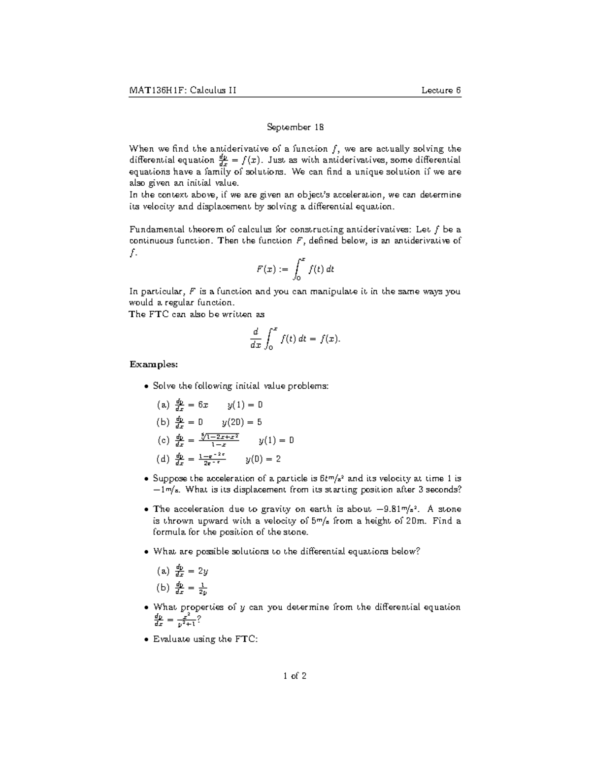 MAT136H1F: Calculus II Lecture 6 - Antiderivatives & Differential Equations - Studocu