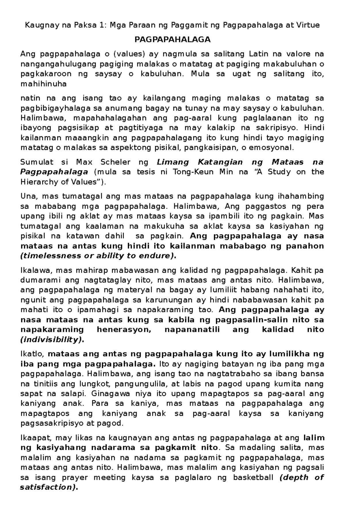 Kaugnay na Paksa 1: Mga Paraan ng Paggamit ng Pagpapahalaga at Virtue - Studocu