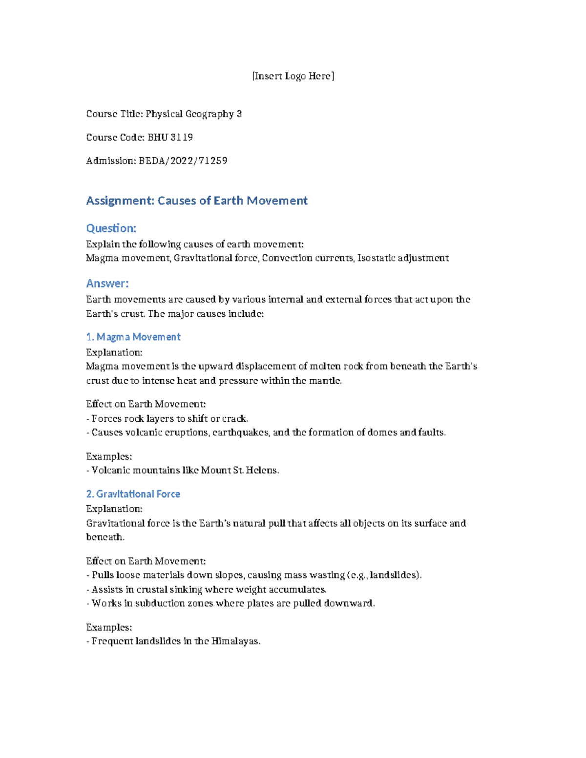 BHU 3119 Physical Geography 3 Assignment: Causes of Earth Movement ...