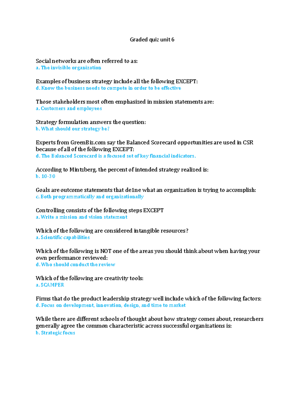 Quiz Graded Unit 6: Key Concepts in Business Strategy and Management ...