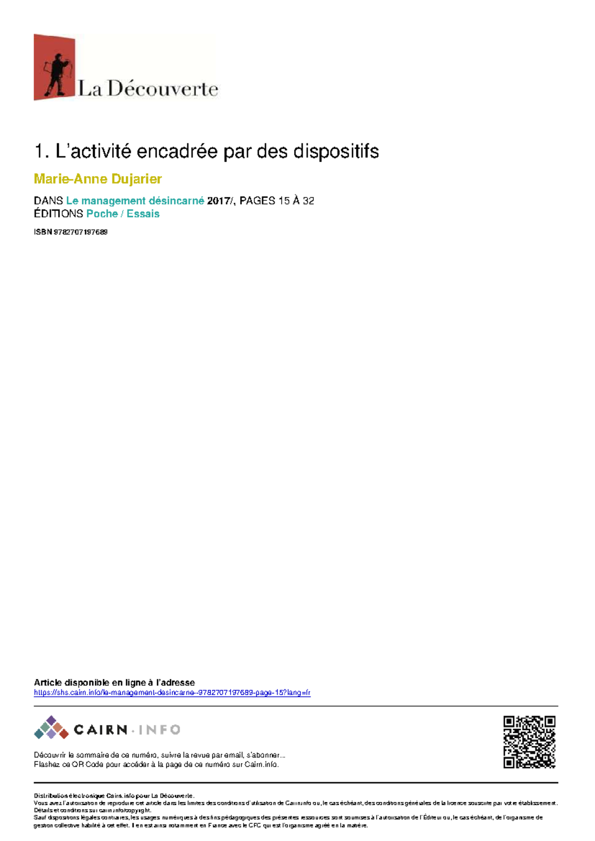 Dujarier 2017 : L'Activité Encadrée par des Dispositifs en Management ...