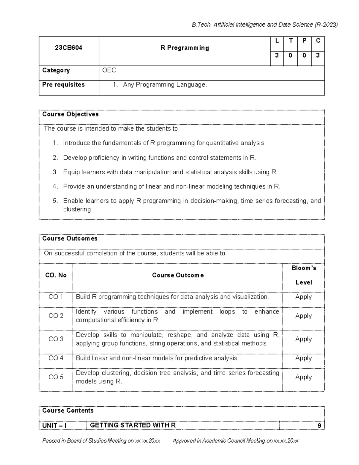 New Syllabus for R Programming (23CB604) - Course Overview & Objectives ...