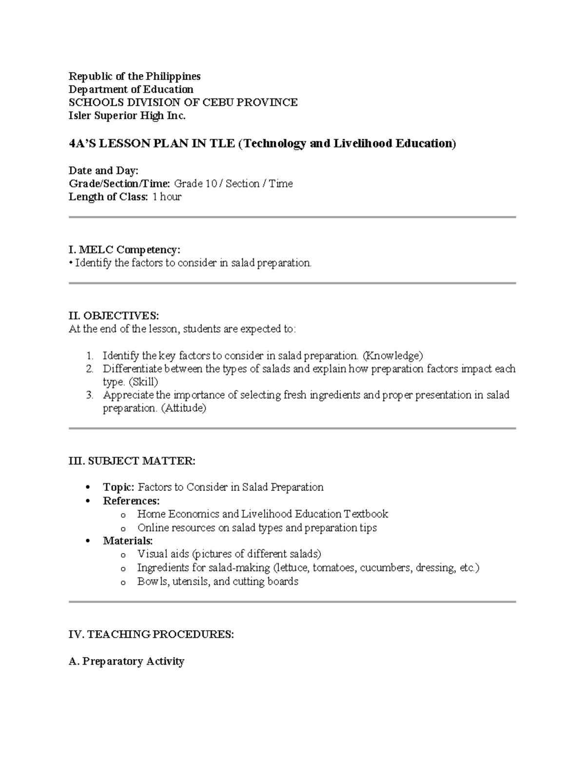 4A'S TLE LESSON PLAN: SALAD PREPARATION FACTORS FOR GRADE 10 - Studocu