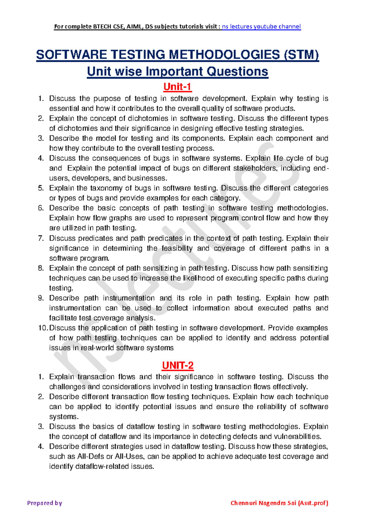 STM Unit-wise Important Questions for Software Testing Methodologies ...
