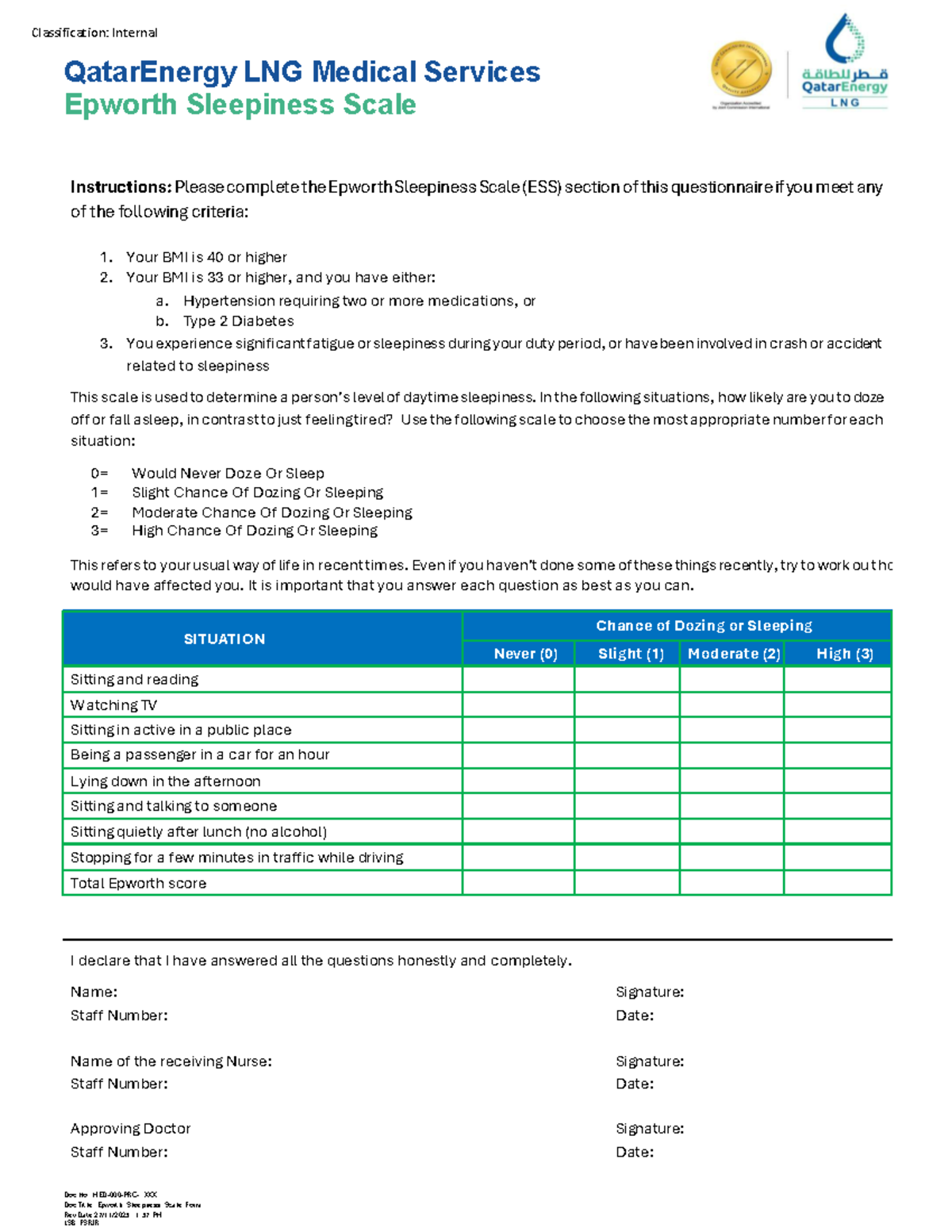 QatarEnergy LNG Medical Services: Epworth Sleepiness Scale Instructions ...