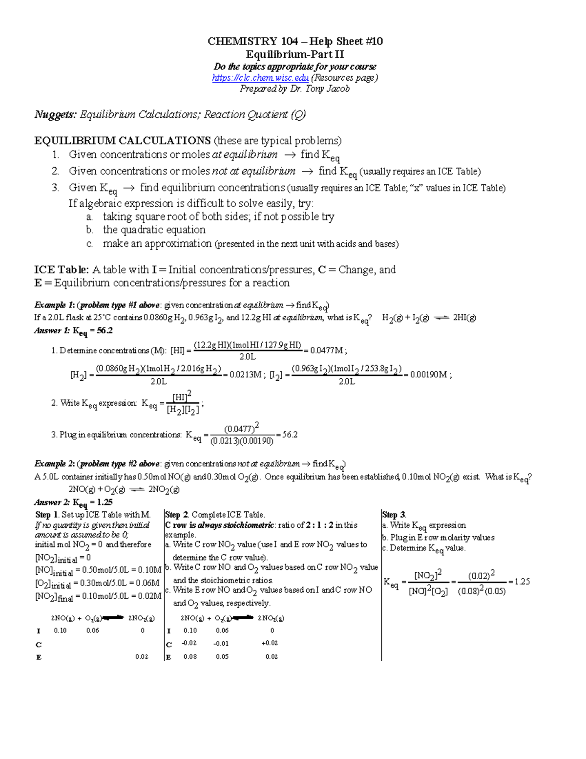 Chemistry 104 Help Sheet #10: Equilibrium Calculations and Q - Studocu