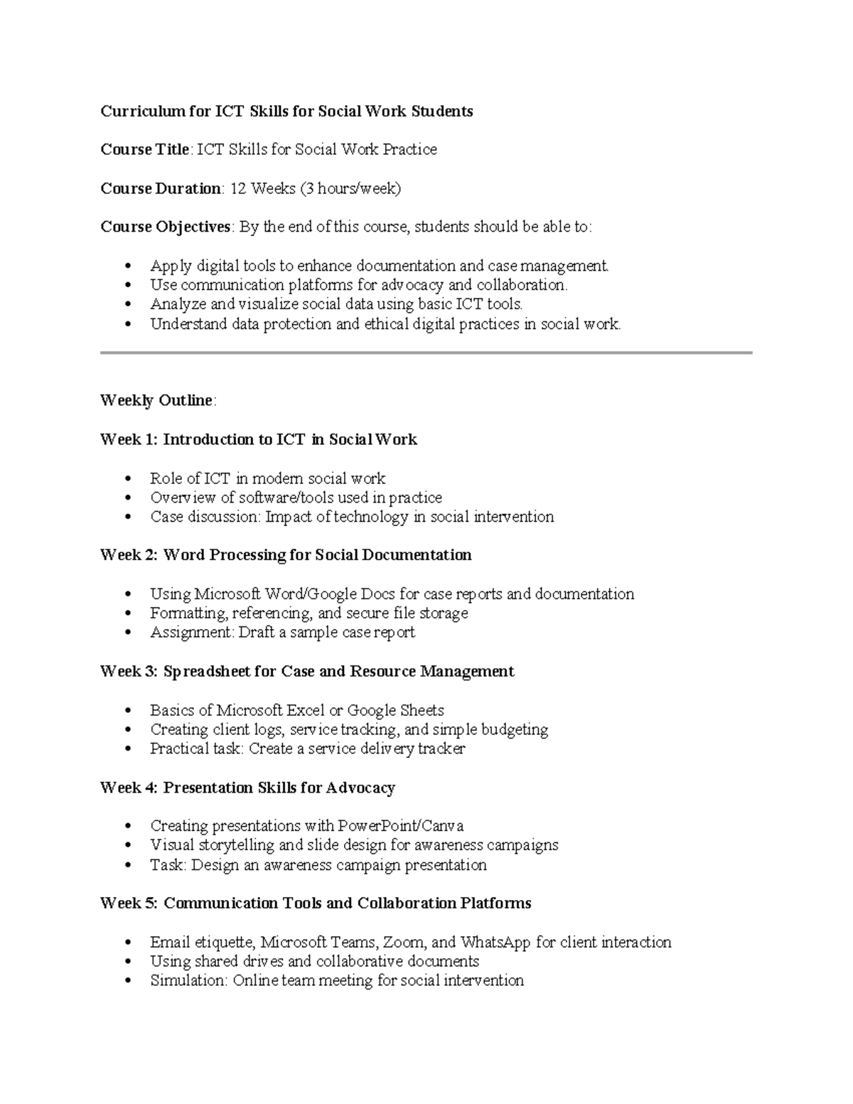 ICT Skills Curriculum for Social Work Students (12 Weeks) - Studocu