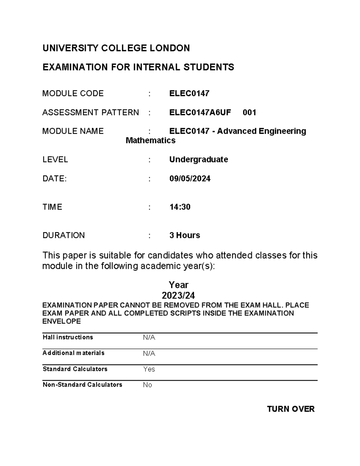 UCL ELEC0147 A6UF Advanced Engineering Mathematics Exam Paper - Studocu