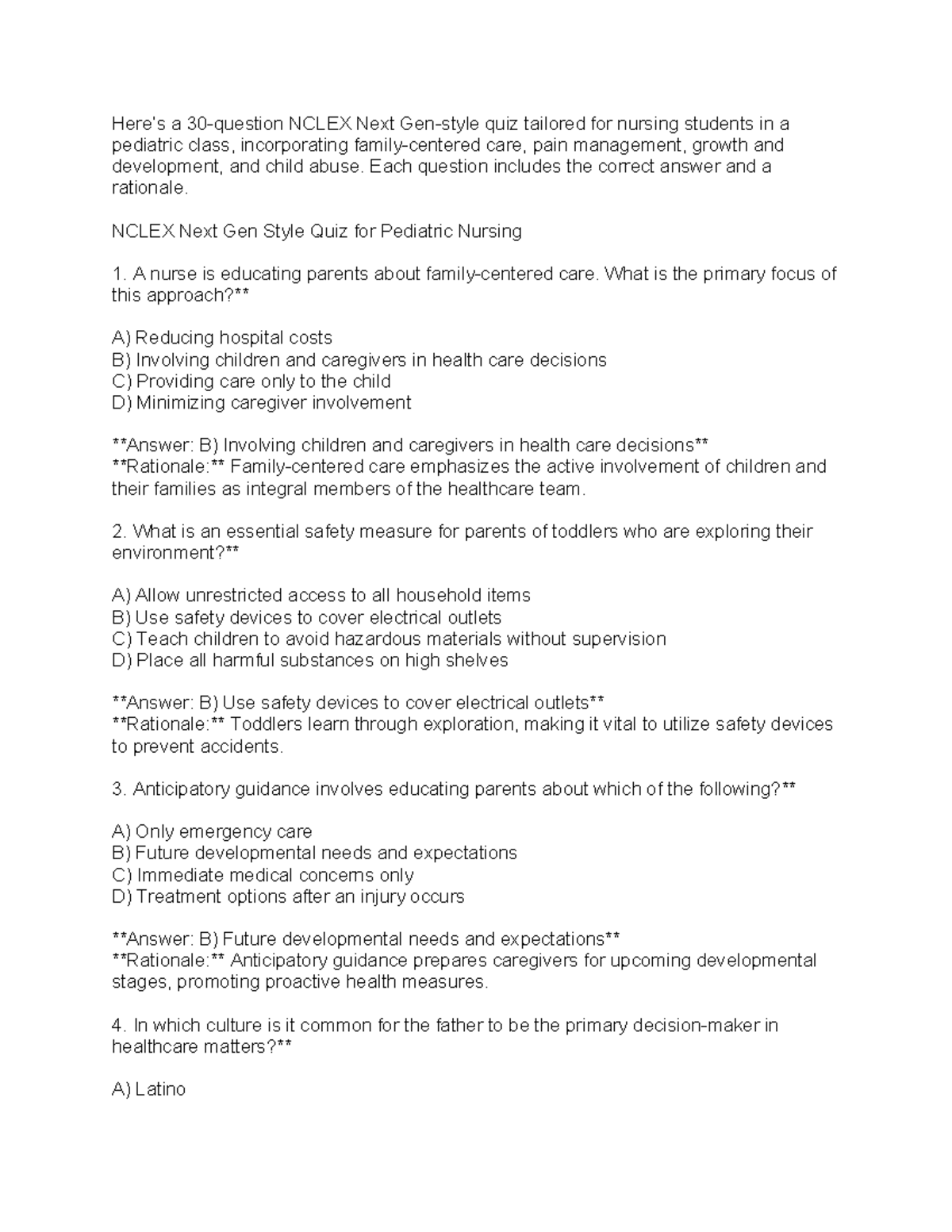 Pediatrics Quiz 2 (Week 1) - Practice NCLEX Questions for Nursing - Studocu