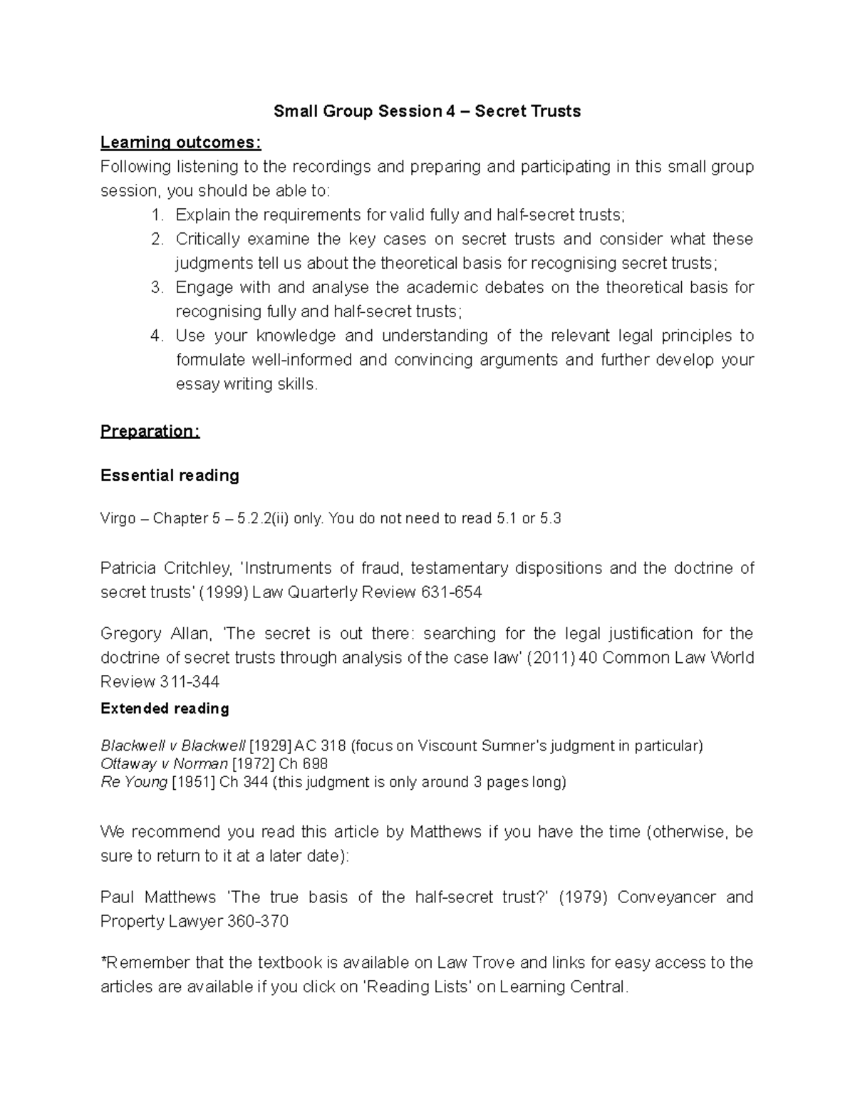 Equity 123 - Tutorial 4 - Understanding Secret Trusts - Studocu