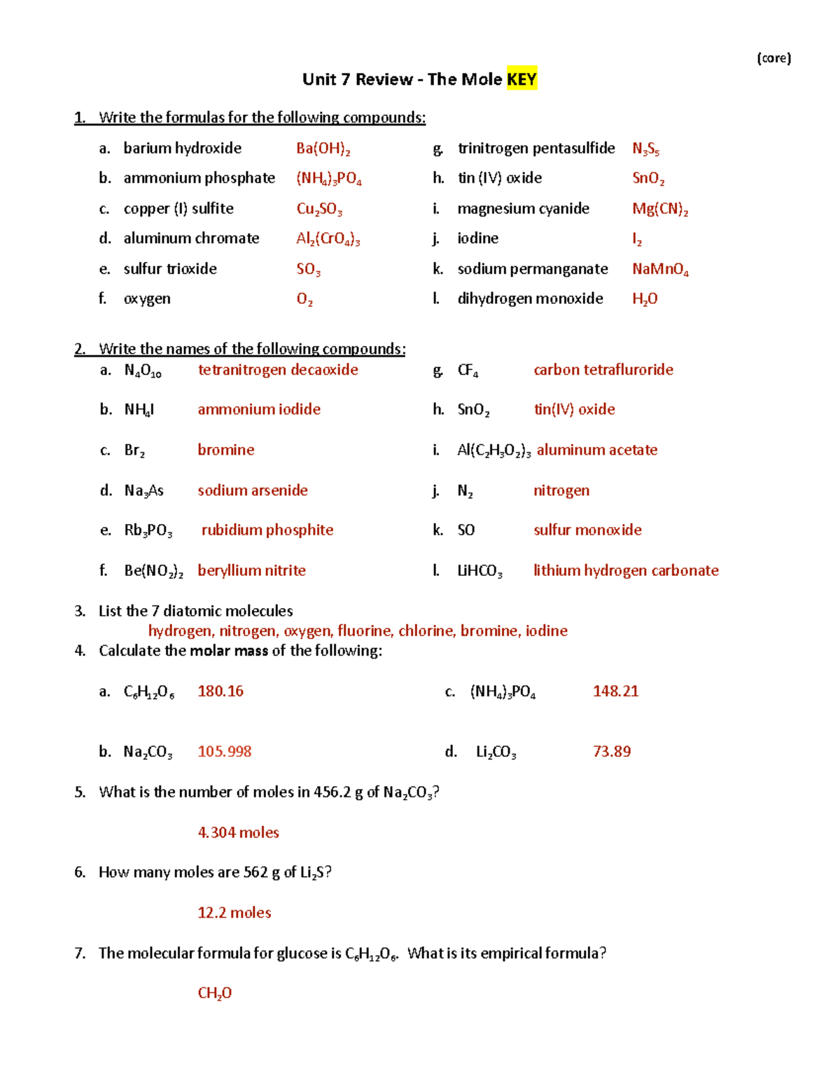 Unit 7 Test Review (core) KEY: Compounds, Molar Mass & Diatomics - Studocu