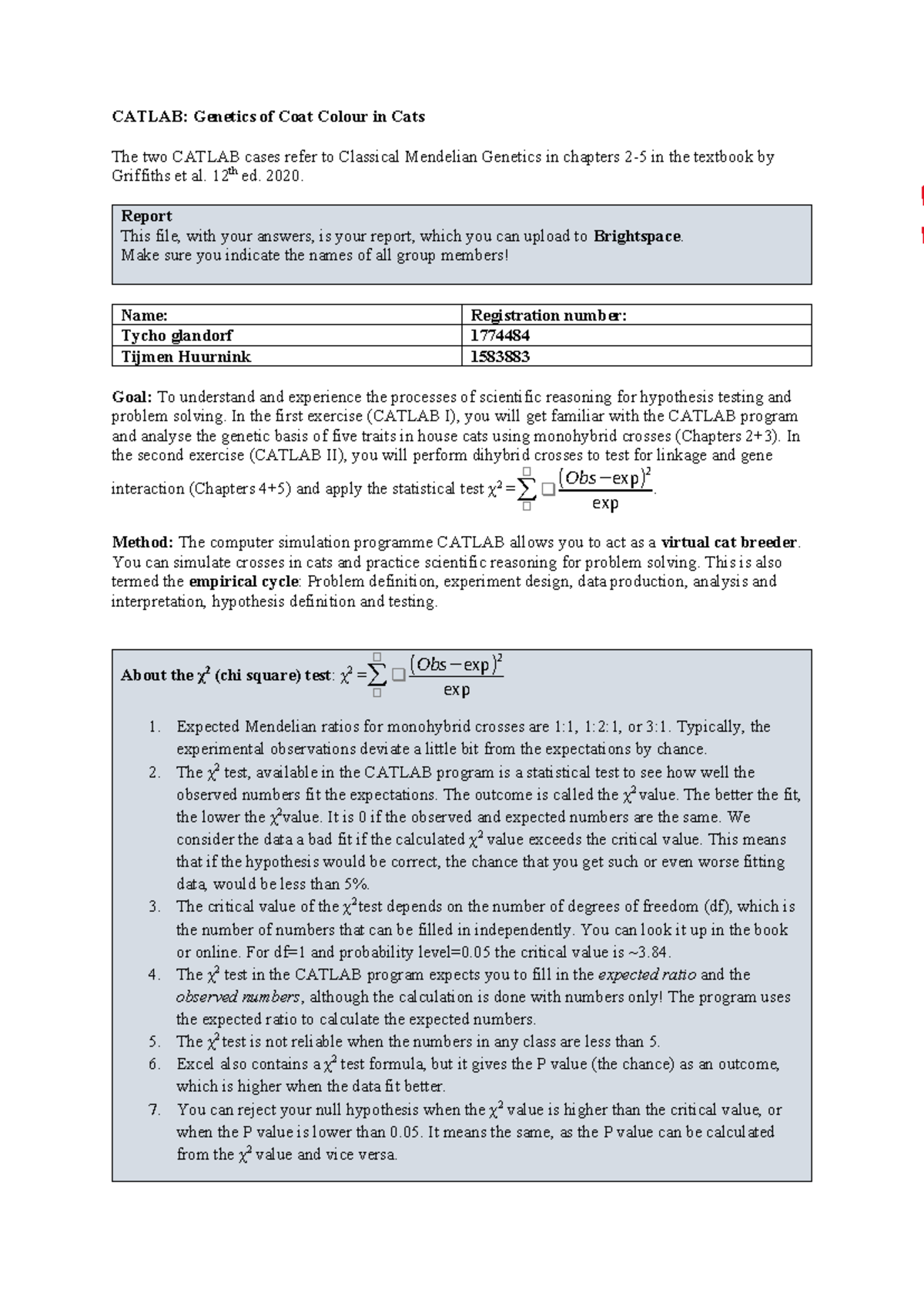 CATLAB: Genetics of Coat Colour in Cats - Practical Report II - Studeersnel