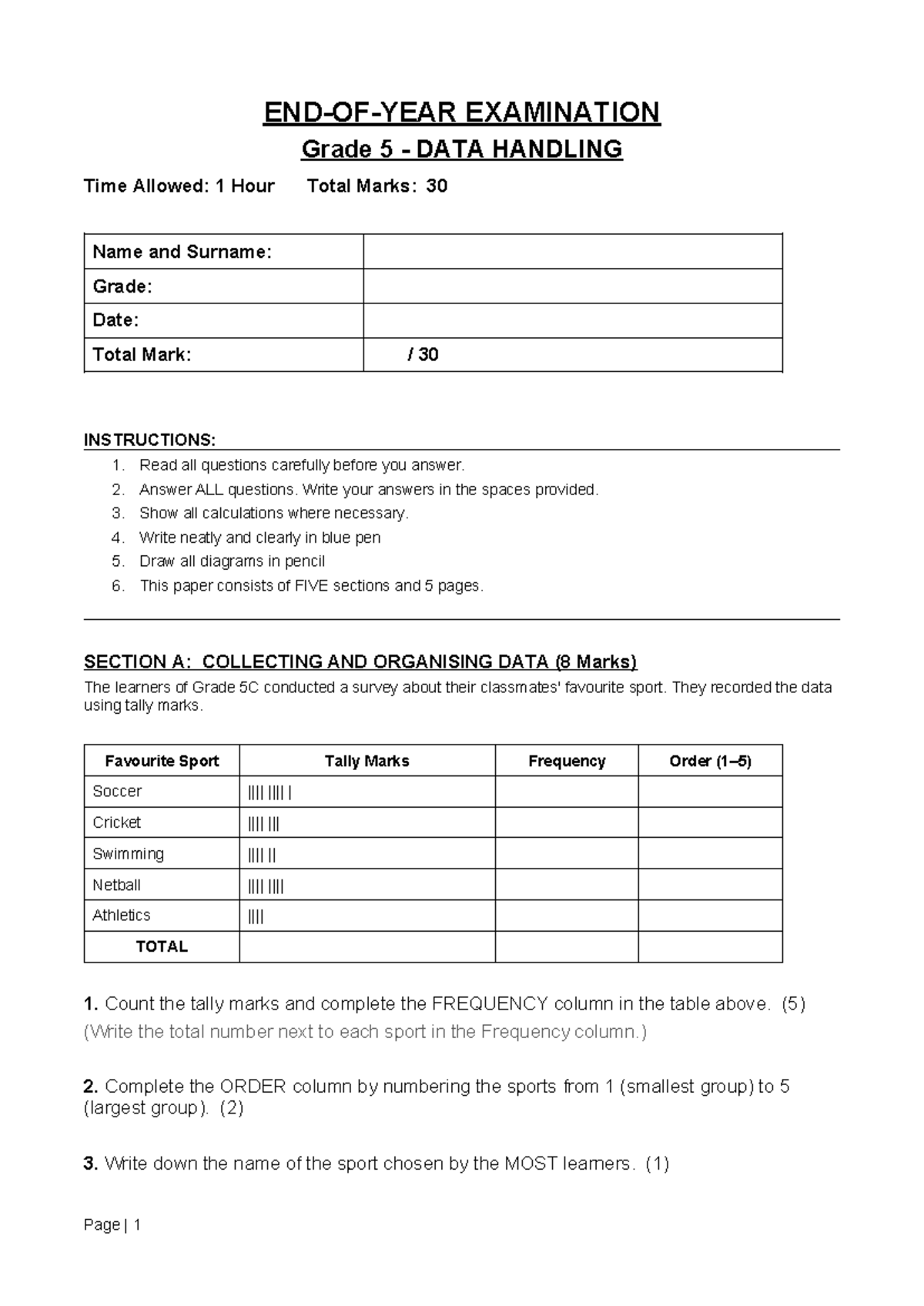 Grade 5 DATA HANDLING Exam: Comprehensive Review and Practice - Studocu