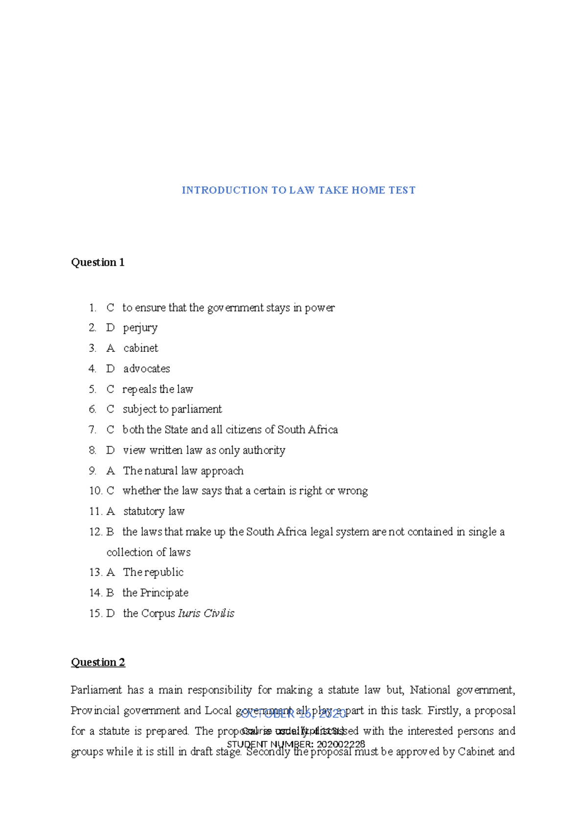 LpI 113L Introduction to Law Take Home Test Answers and Explanations - Studocu
