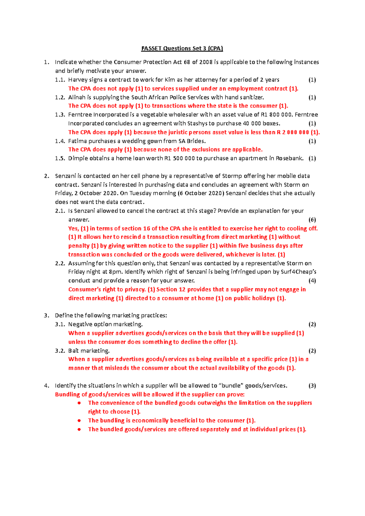 FASSET Memo: Consumer Protection Act Analysis (CPA) Set 3 - Studocu
