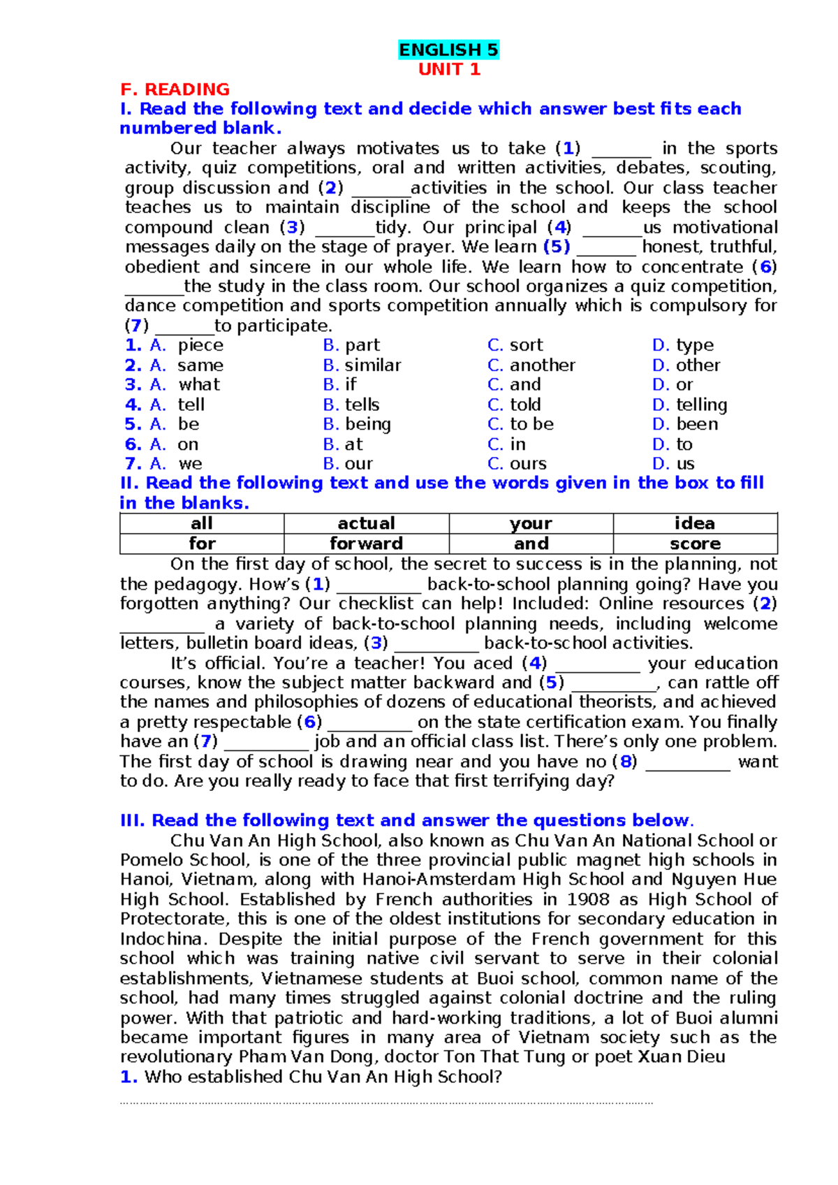 Reading Unit 1 - English 5: Fill in the Blanks Exercise - Studocu