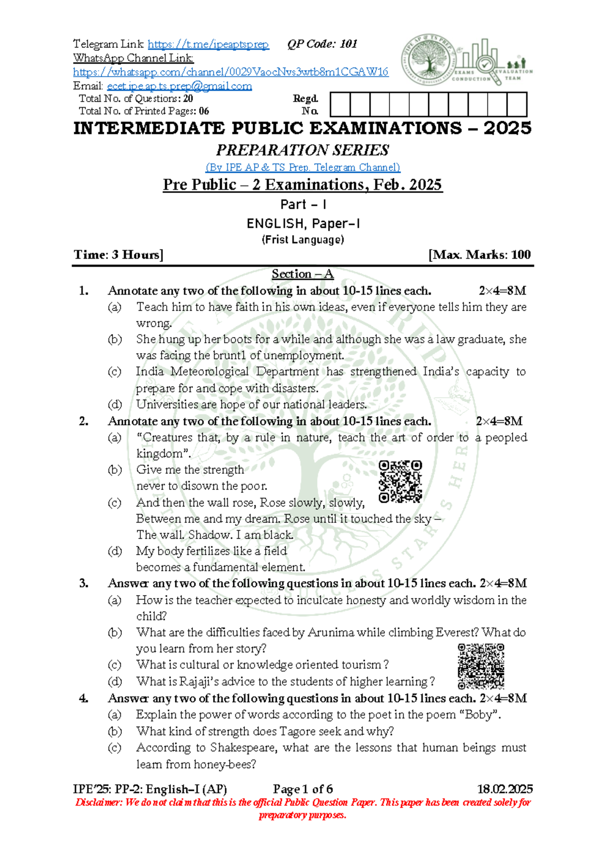 IPE 2025 Pre Public Exam Prep: English Part I Question Paper - Studocu