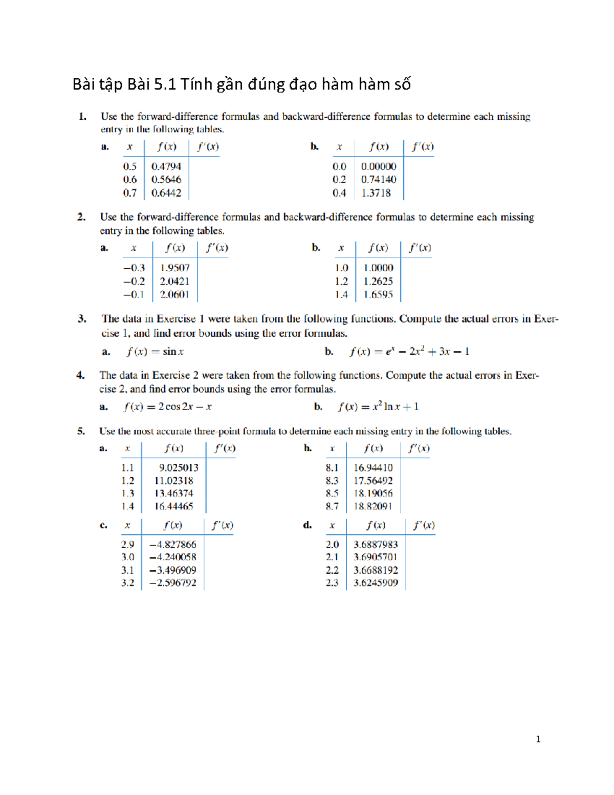 Bài tập tính gần đúng đạo hàm - Calculus - Bài tập Bài 5 .1 Tính gần ...