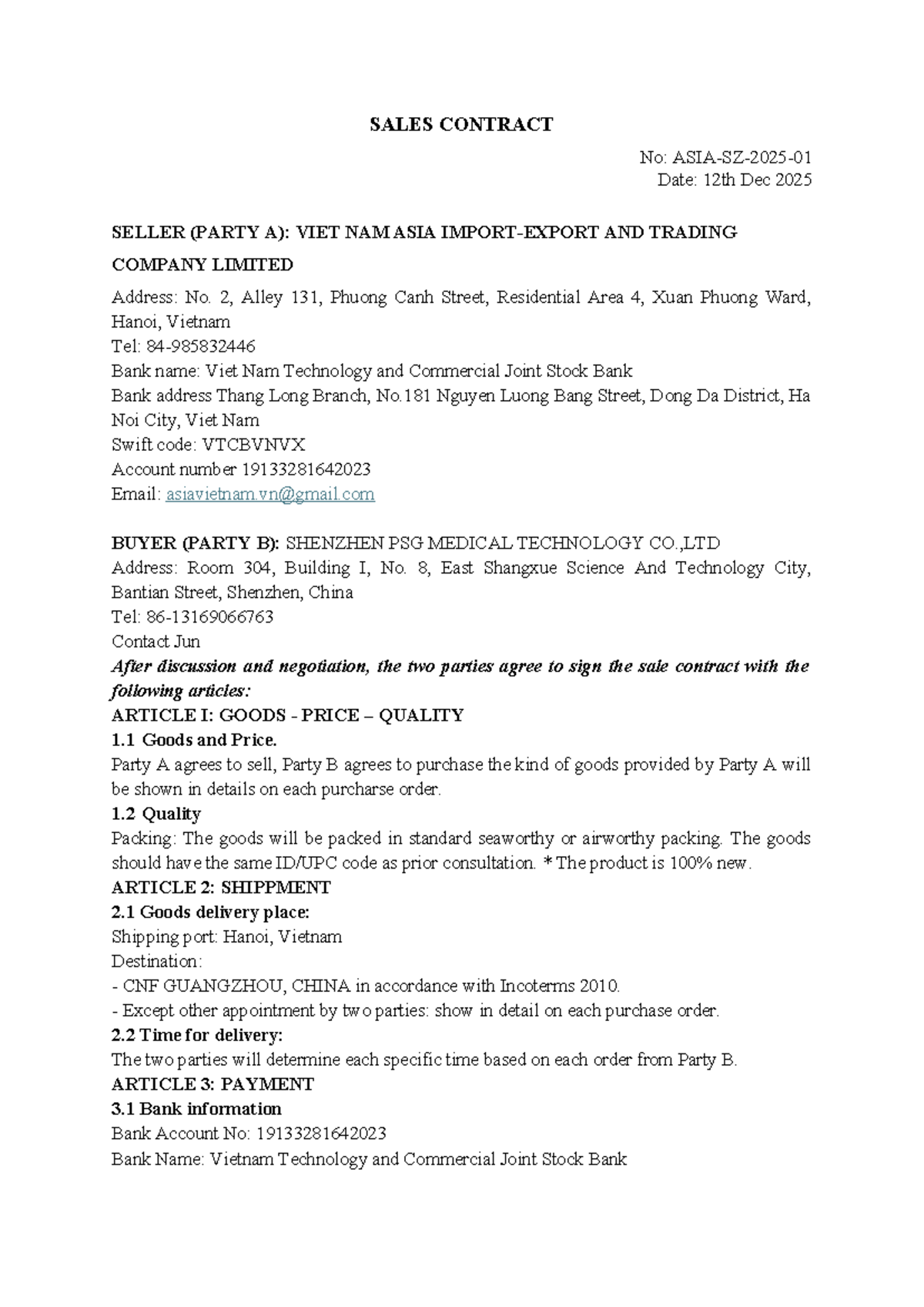 SALES CONTRACT No: 12th Dec 2025 - VIET NAM ASIA & SHENZHEN PSG - Studocu