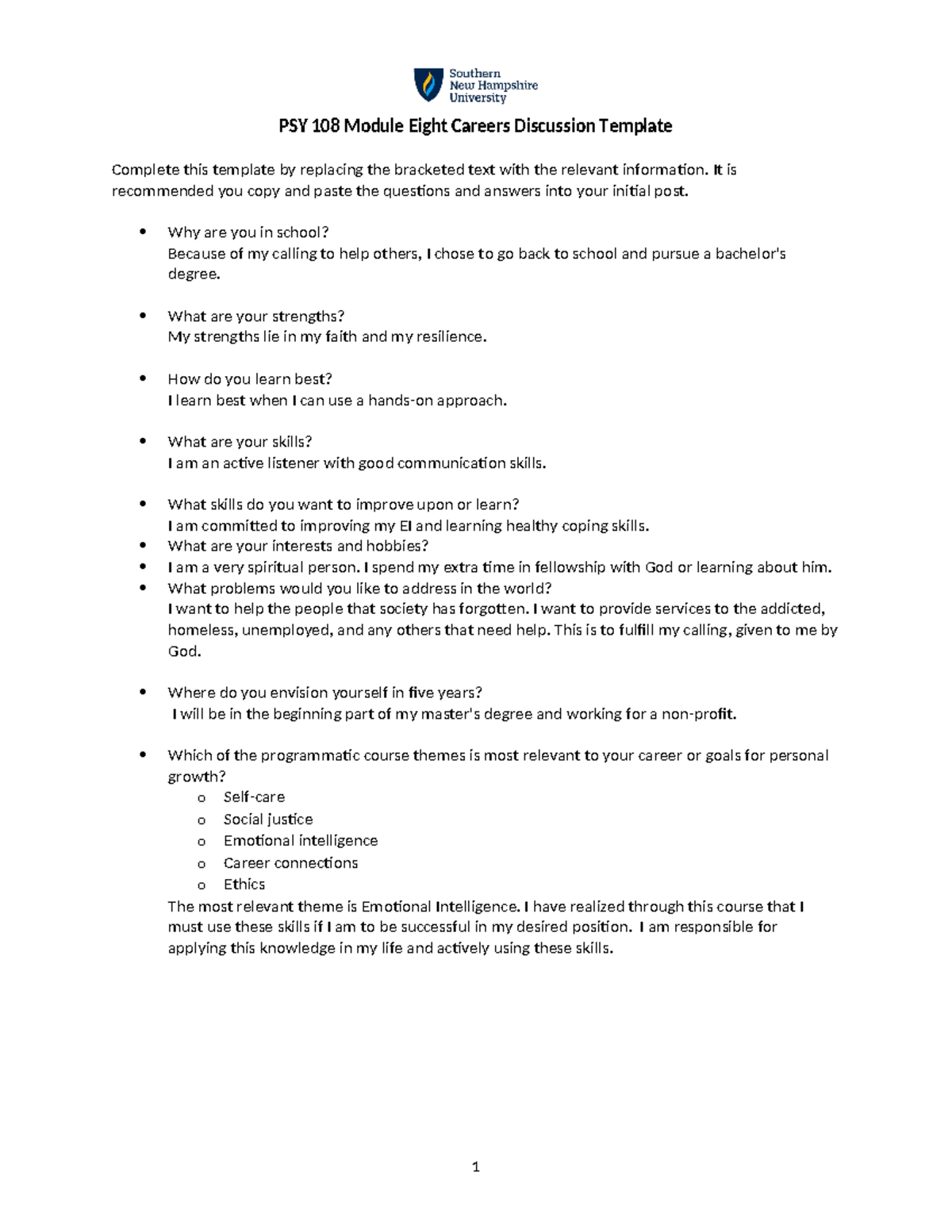 PSY 108 Module Eight Careers Discussion Template - PSY 108 Module Eight ...
