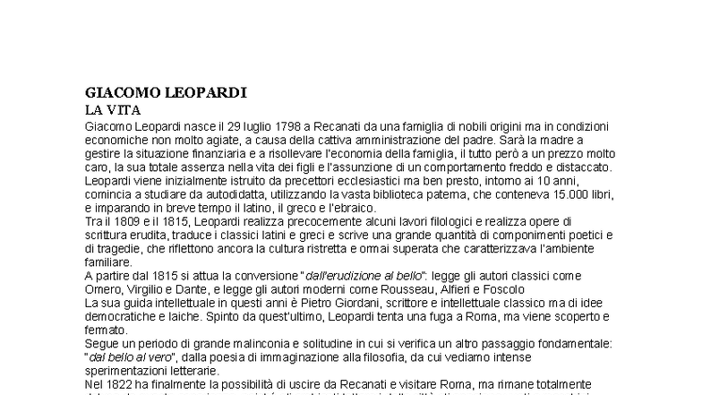 GIACOMO LEOPARDI: VITA, PENSIERO E OPERE - Appunti di Studio - Studocu