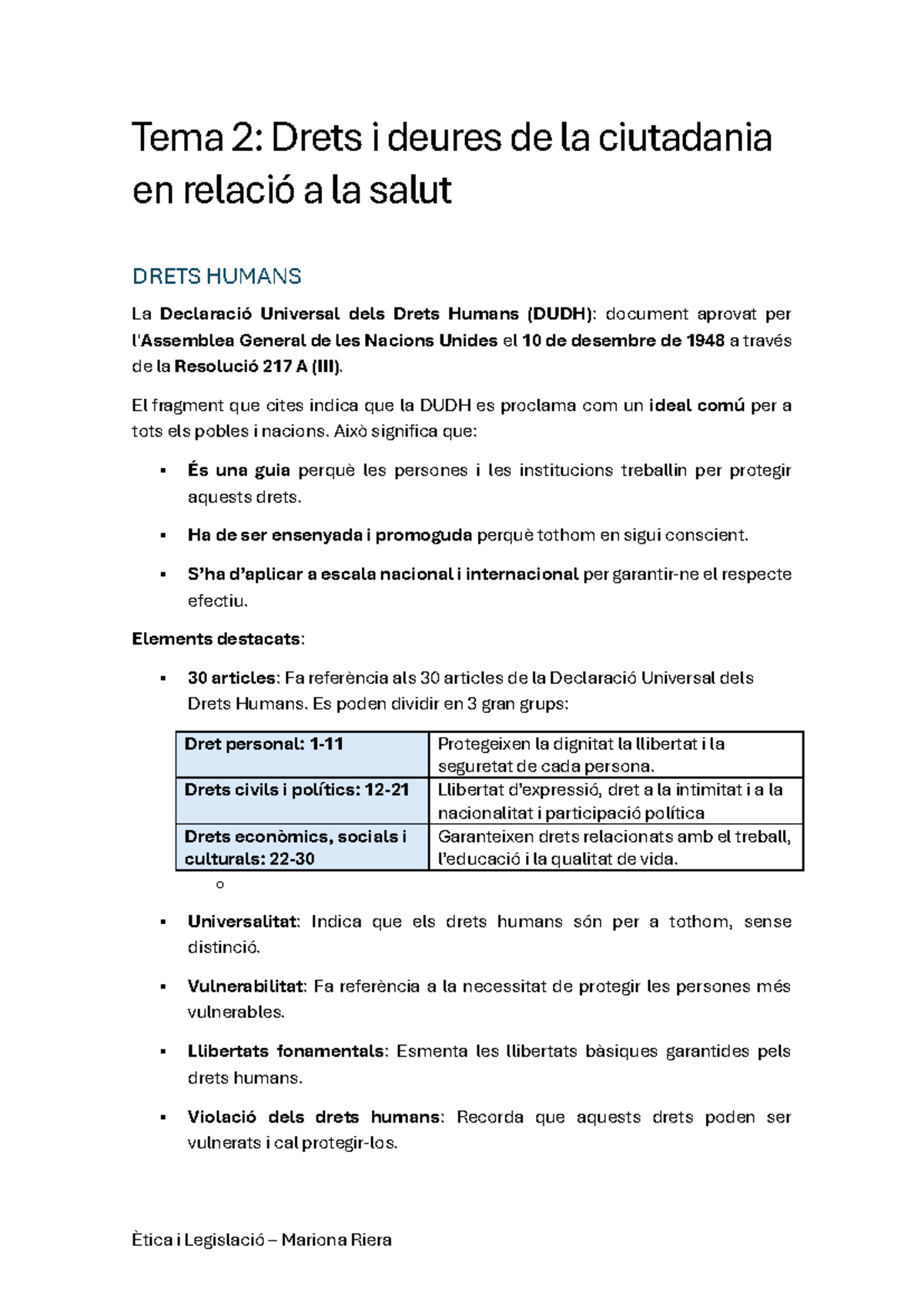Tema 2: Drets i Deures de la Ciutadania en Salut - Drets Humans - Studocu