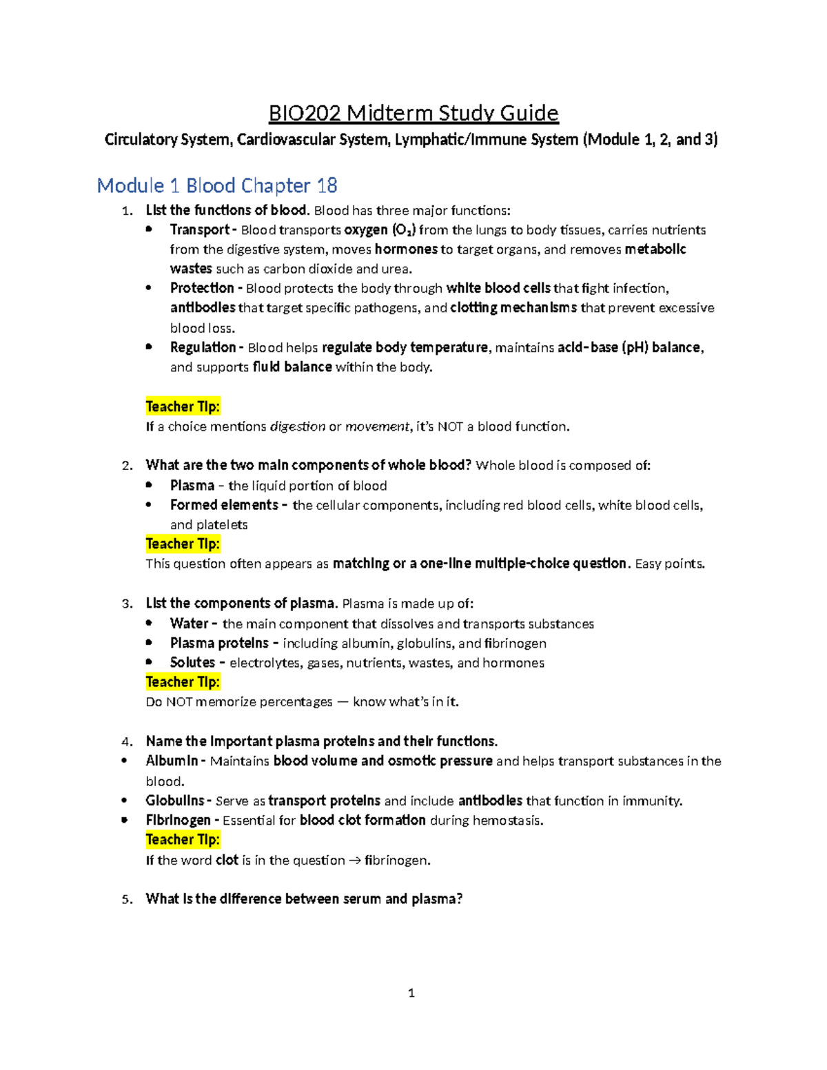 BIO202 Midterm Study Guide: Circulatory & Cardiovascular Systems - Studocu