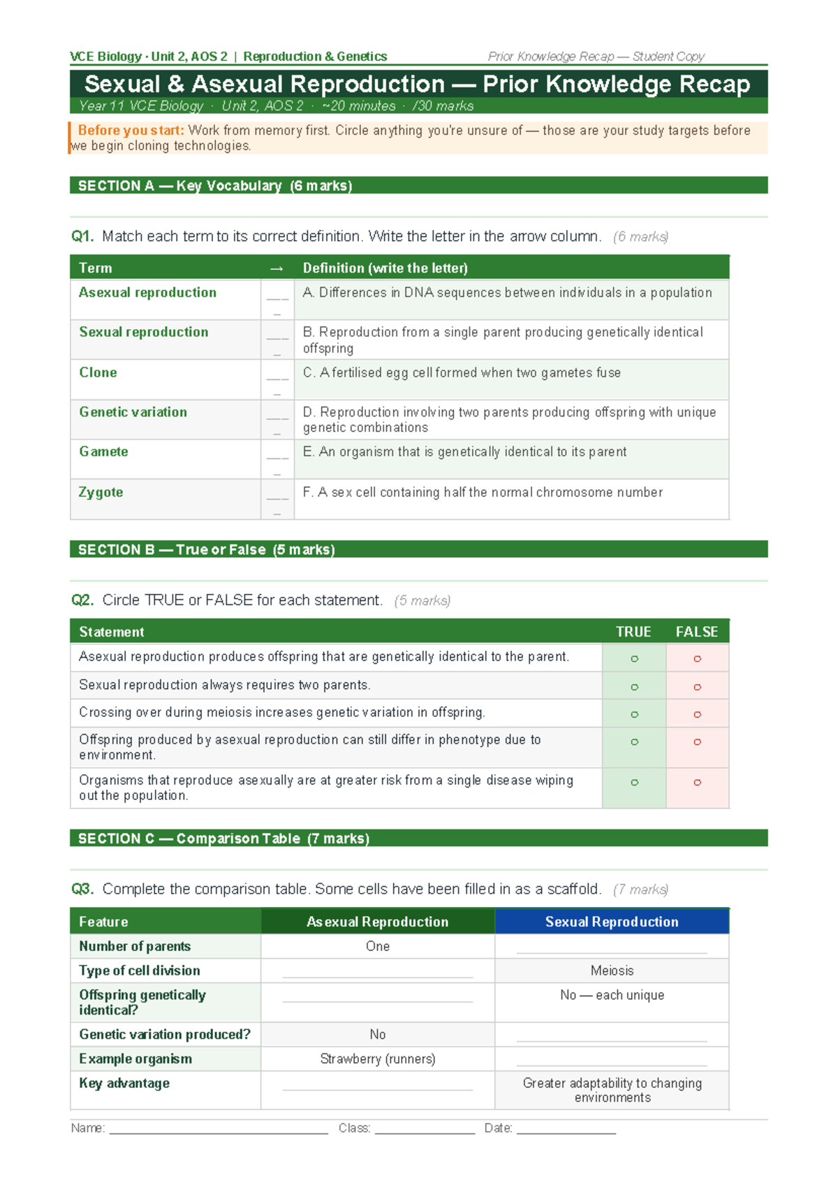VCE Biology Unit 2, AOS 2 Reproduction Genetics Recap & Answers - Studocu