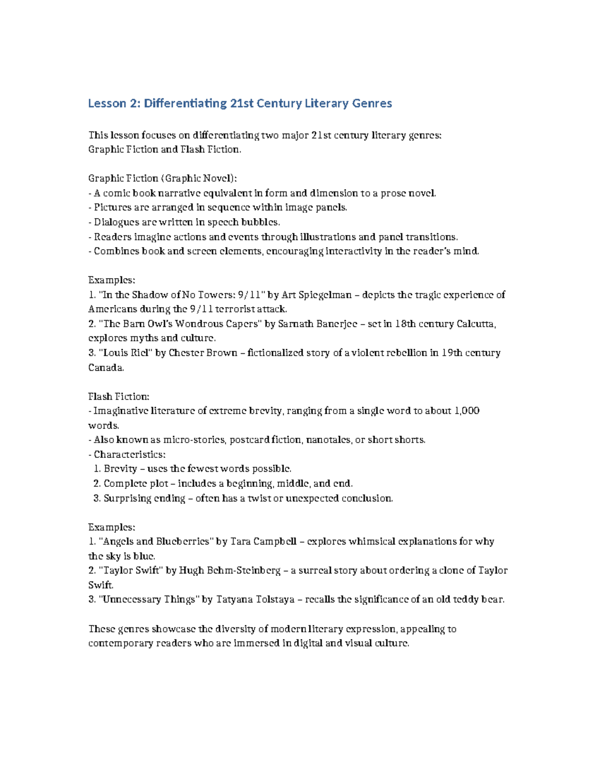 Lesson 2: Exploring 21st Century Literary Genres - Studocu