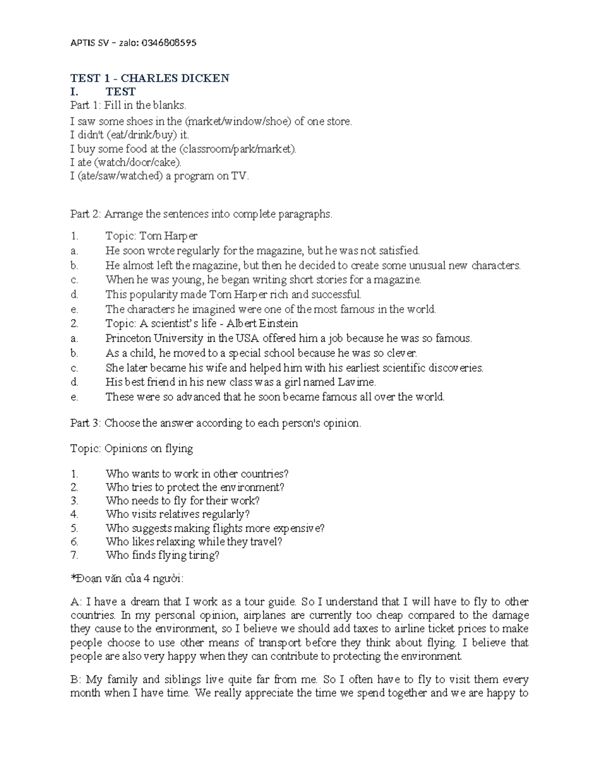 APTIS SV 0346808595 TEST 1 Reading Comprehension on Charles Dickens ...