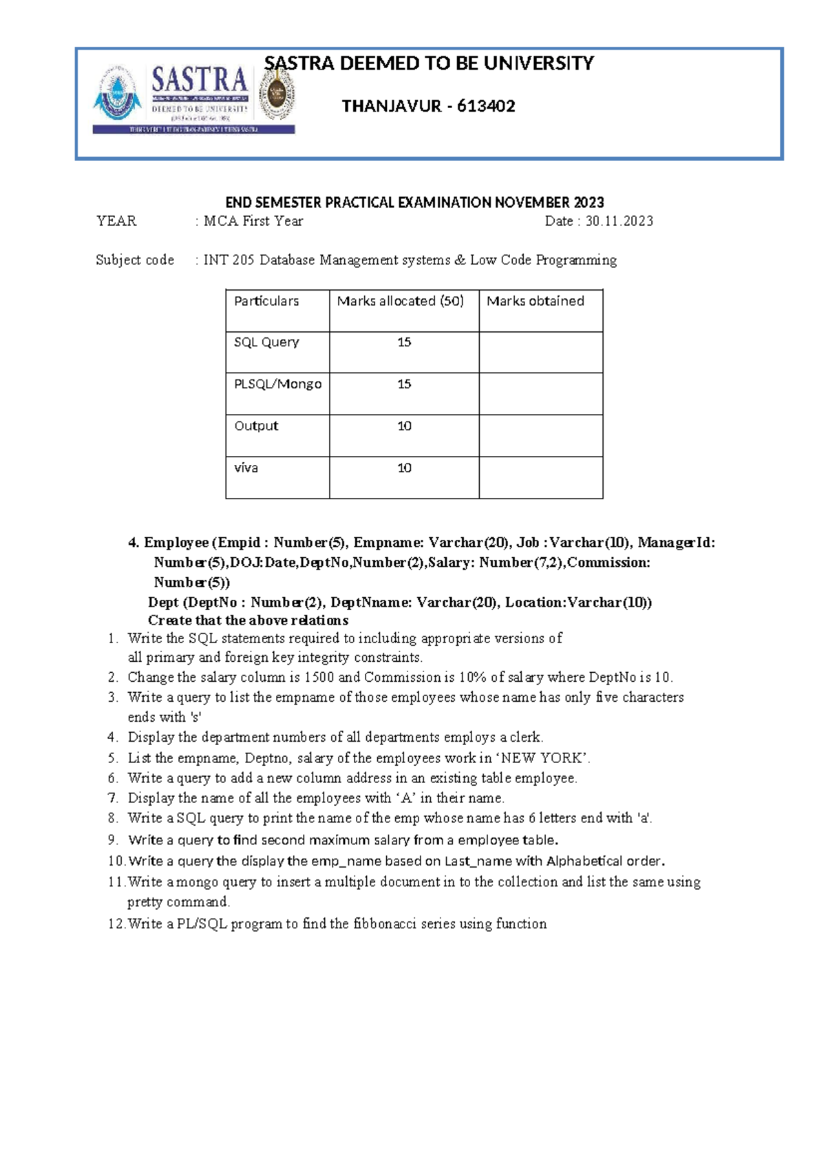 MCA 1st Year Year-End Practical Exam: INT 205 DBMS Low Code Programming ...