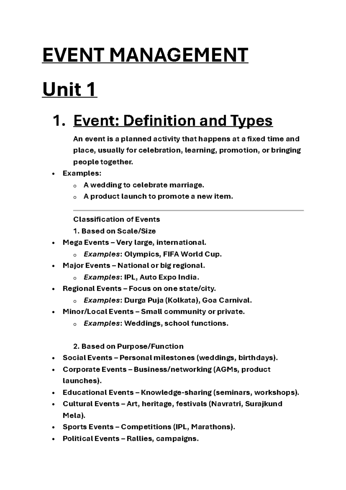Event Management Notes: Unit 1 Overview and Key Concepts - Studocu