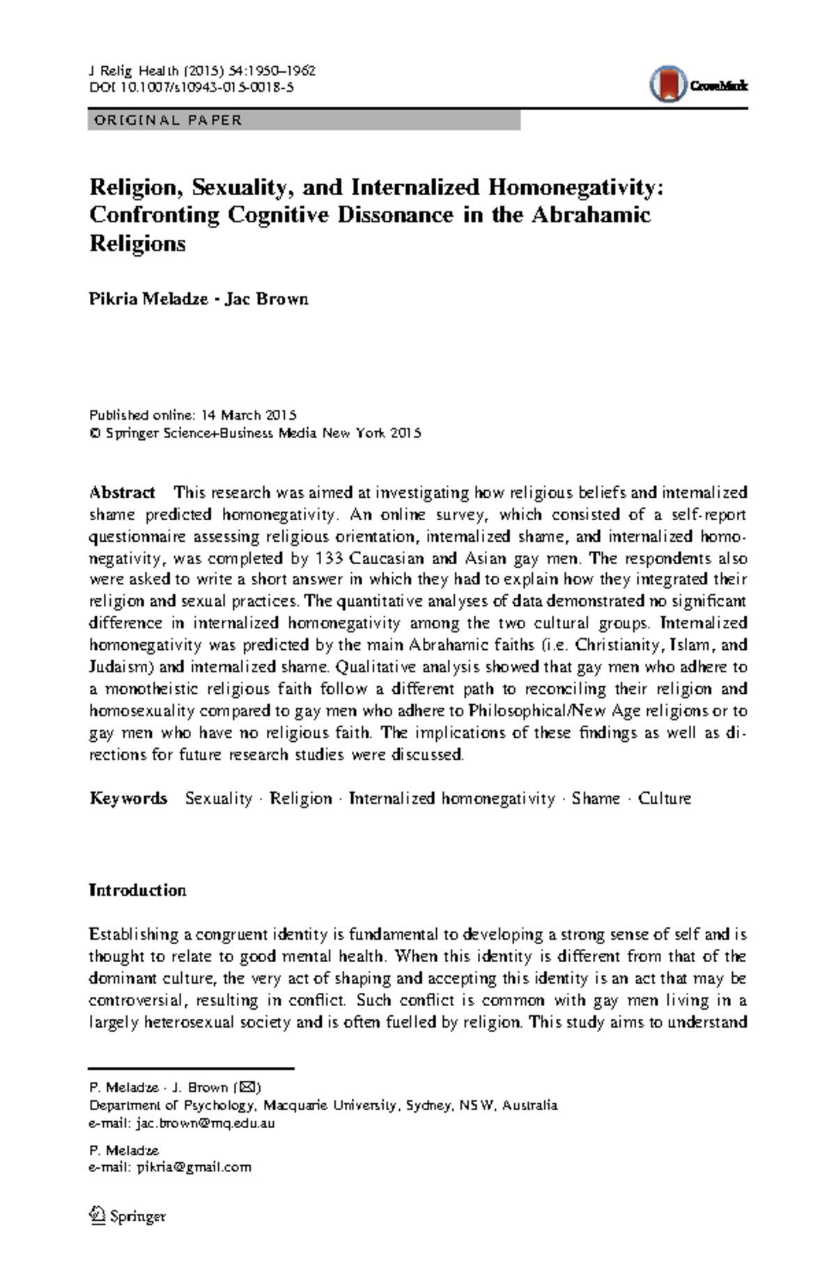 Religion, Sexuality, and Internalized Homonegativity in Gay Men (Psych 203) - Studocu