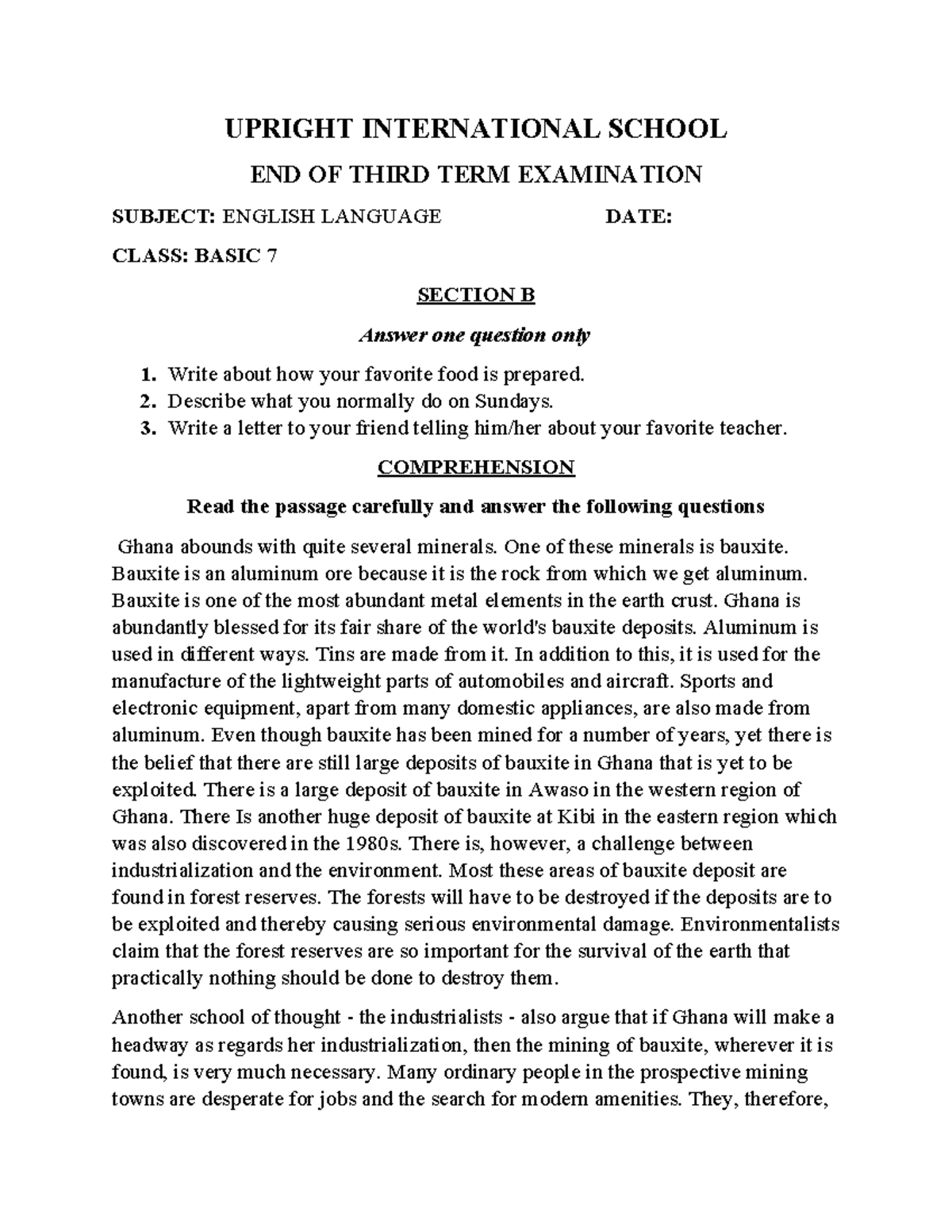 English Language B7 - End of Third Term Exam Questions and ...