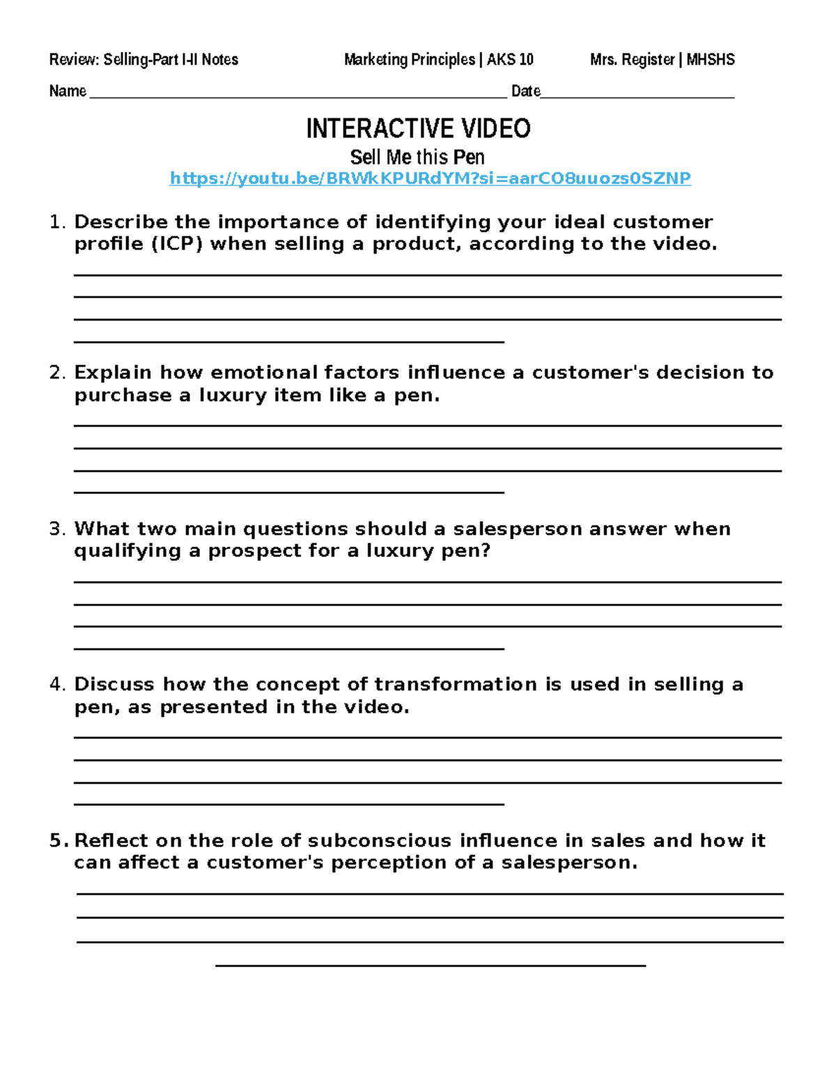 Sell Me This Pen Video Questions - Review: Selling-Part I-II Notes ...