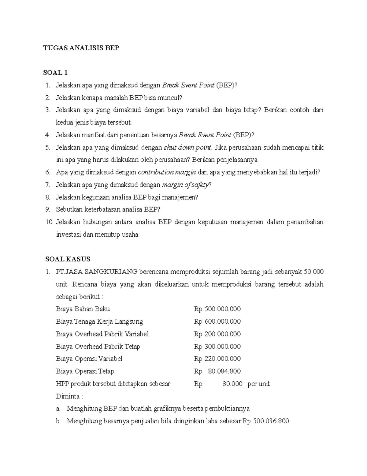 Analisis Break Even Point (BEP): Tugas dan Soal Praktis - Studocu