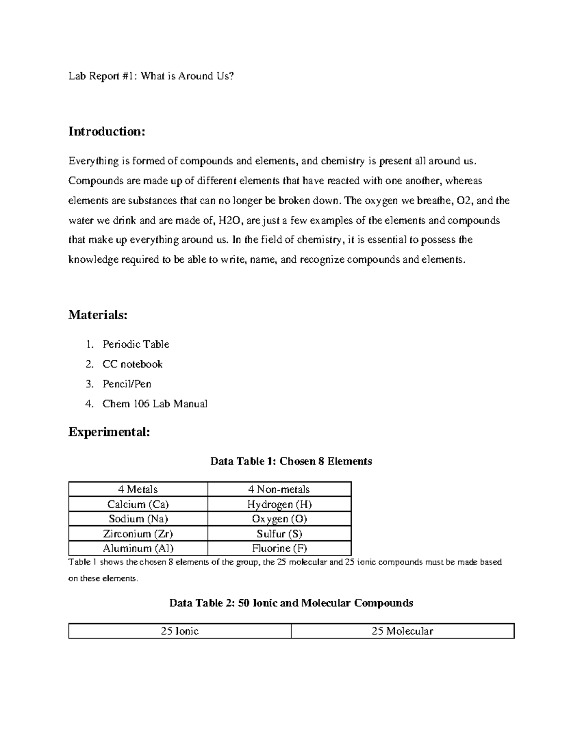Chemistry 106: Lab 1 - Lab Report #1: What is Around Us? Introduction ...