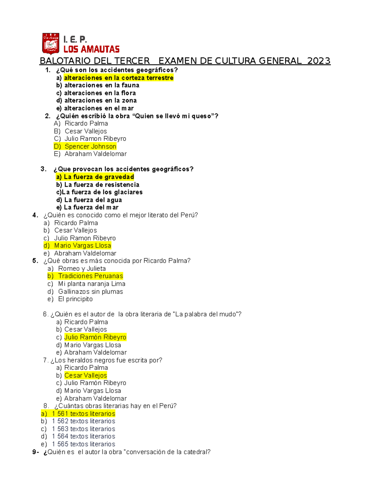Tercer Examen DE Cultura General Tercer Grado MISS Johana - BALOTARIO ...