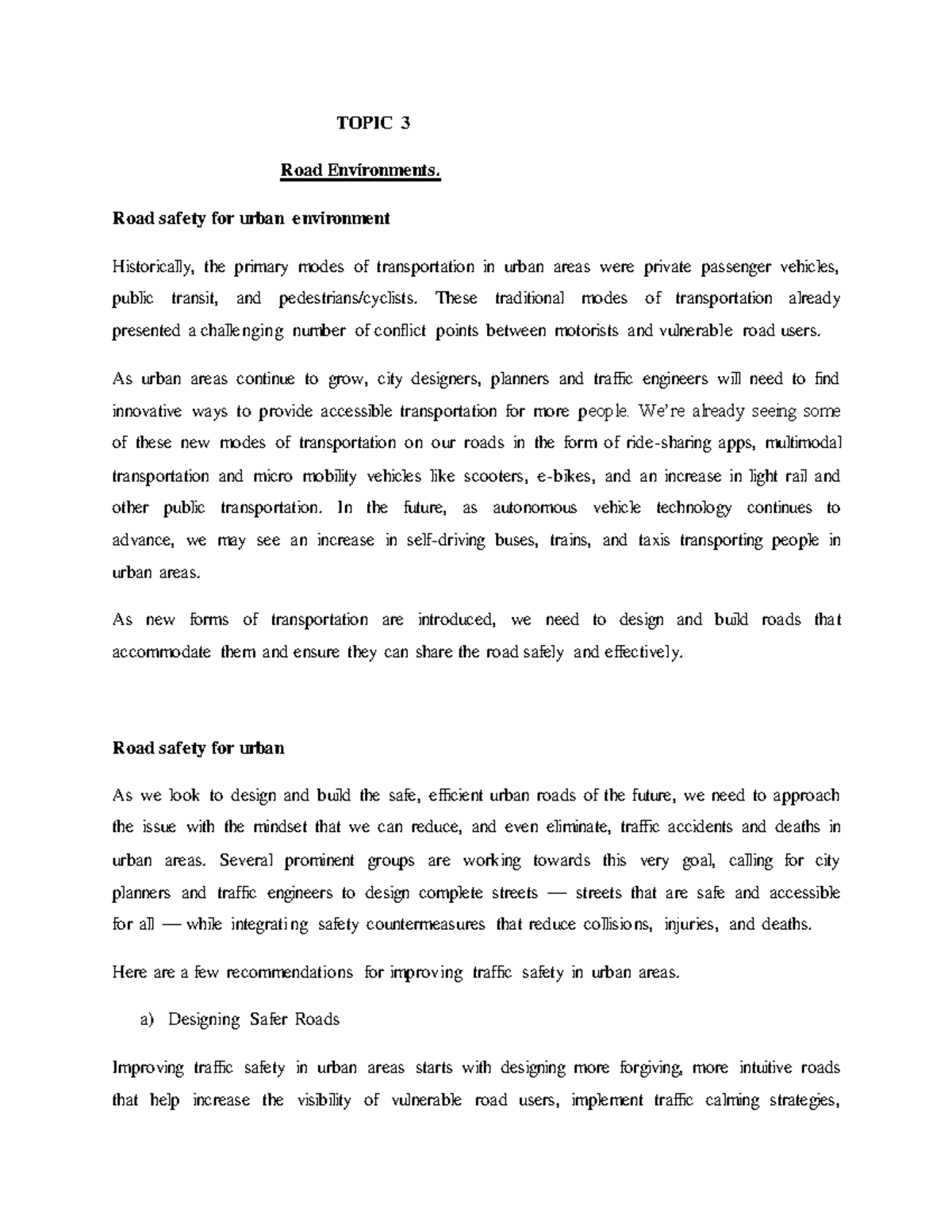 Topic 3: Urban Road Safety Strategies and Innovations - Studocu