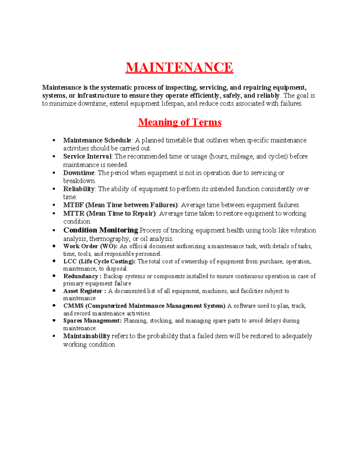MAINTENANCE MANAGEMENT: SYSTEMATIC APPROACH TO EFFICIENCY (MGT101 ...