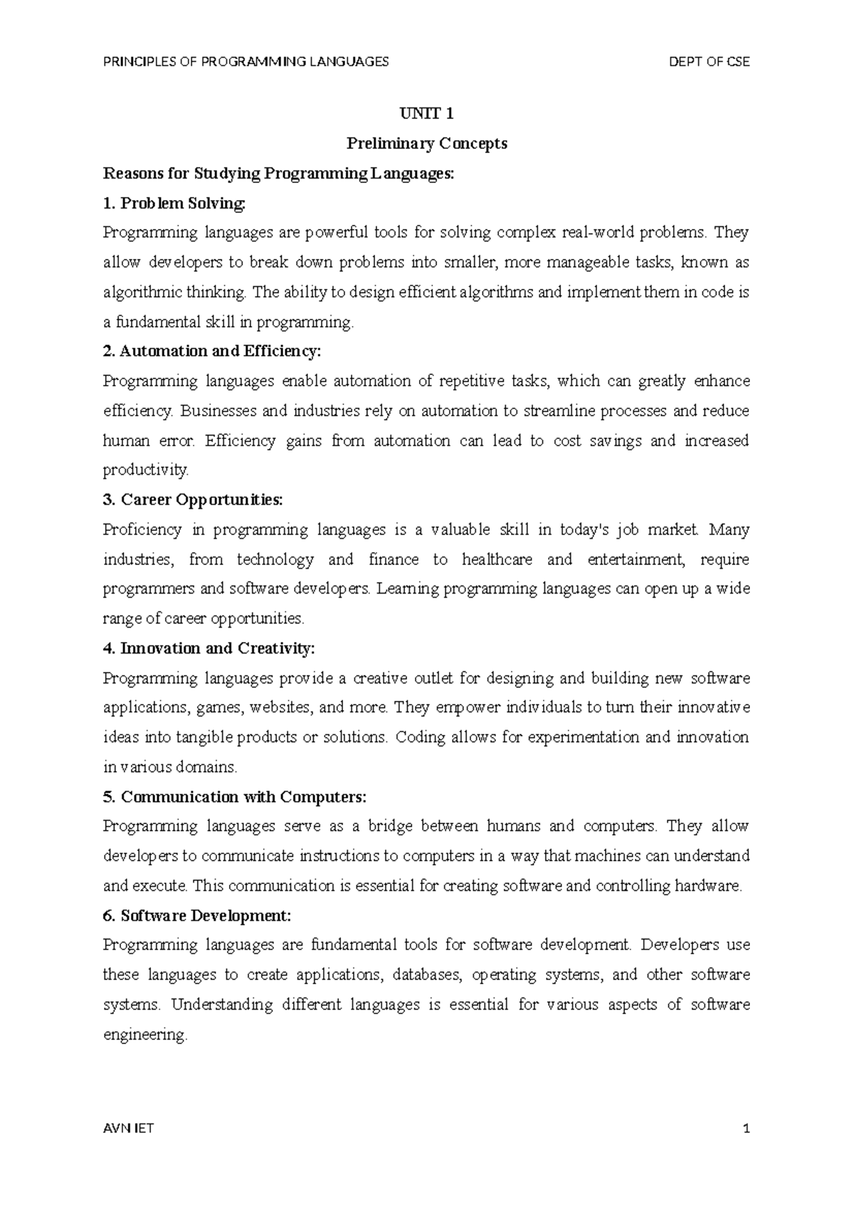 UNIT 1 - Preliminary Concepts in Programming Languages (PPL) - Studocu