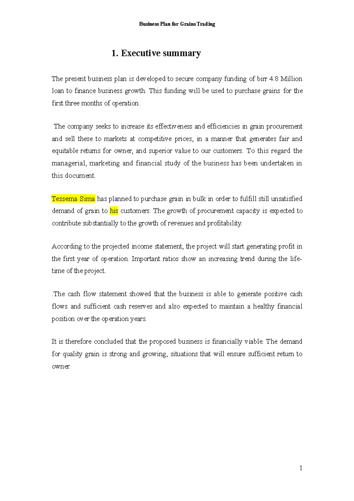 Tesema Bus - Business Plan for Grains Trade (Final Proposal) - Studocu