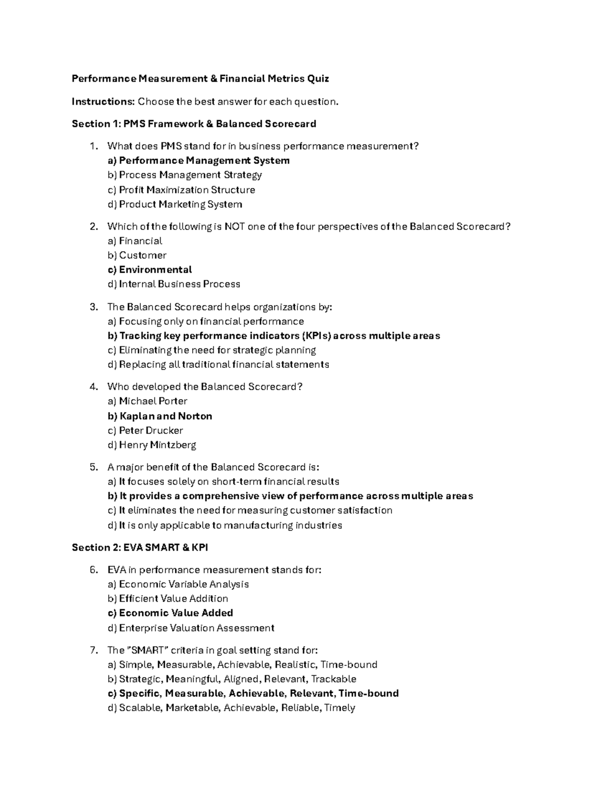 Performance measurement financial metrics quiz - TURZ - Studocu
