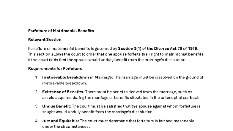 Forfeiture of Matrimonial Benefits: Key Insights from Divorce Act 70/ ...