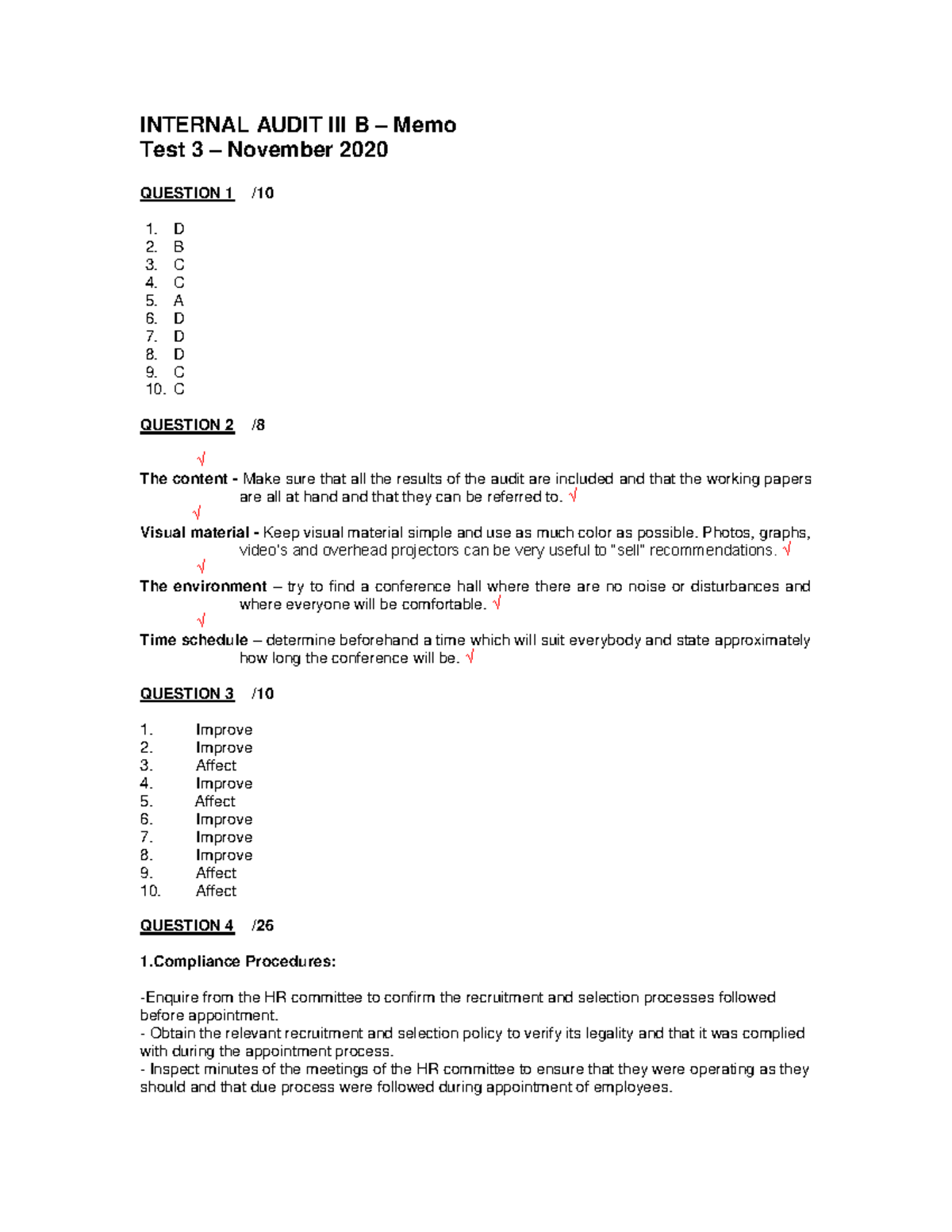 Internal Auditing - INTERNAL AUDIT III B – Memo Test 3 – November 2020 ...