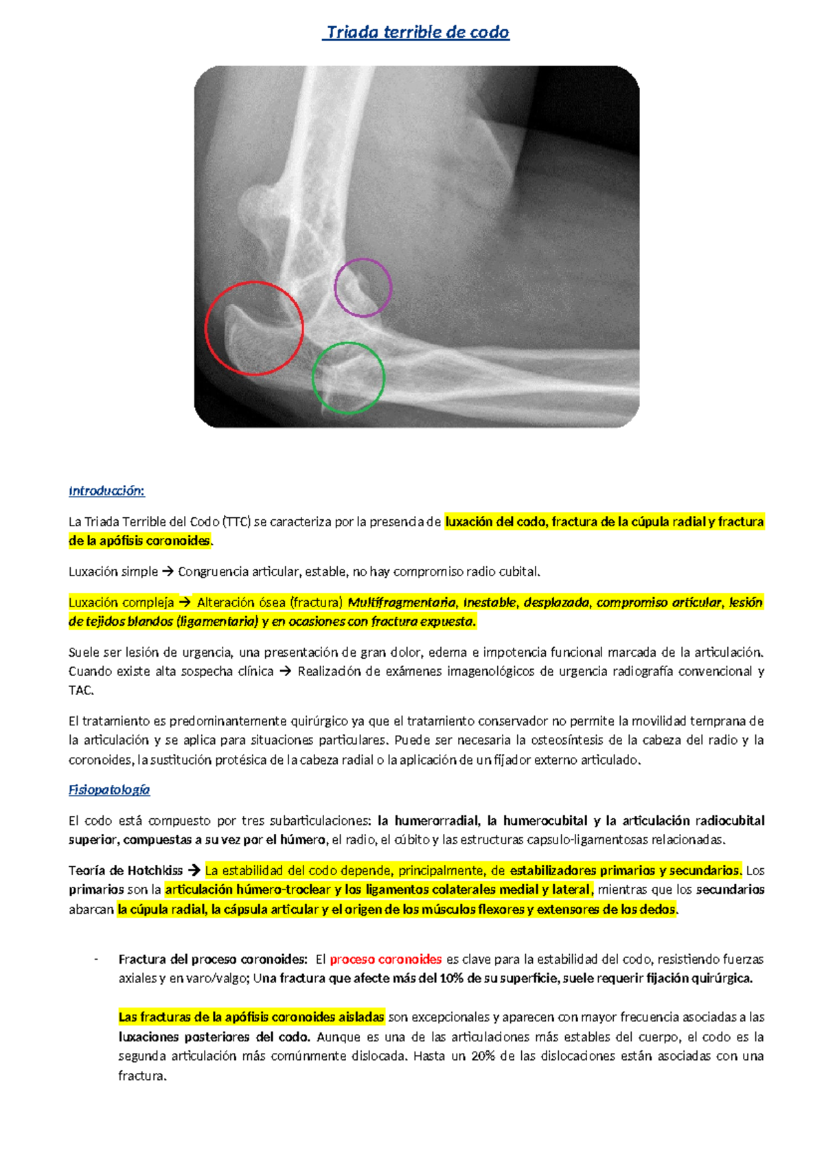 Análisis de la Triada Terrible de Codo: Luxaciones y Fracturas - Studocu
